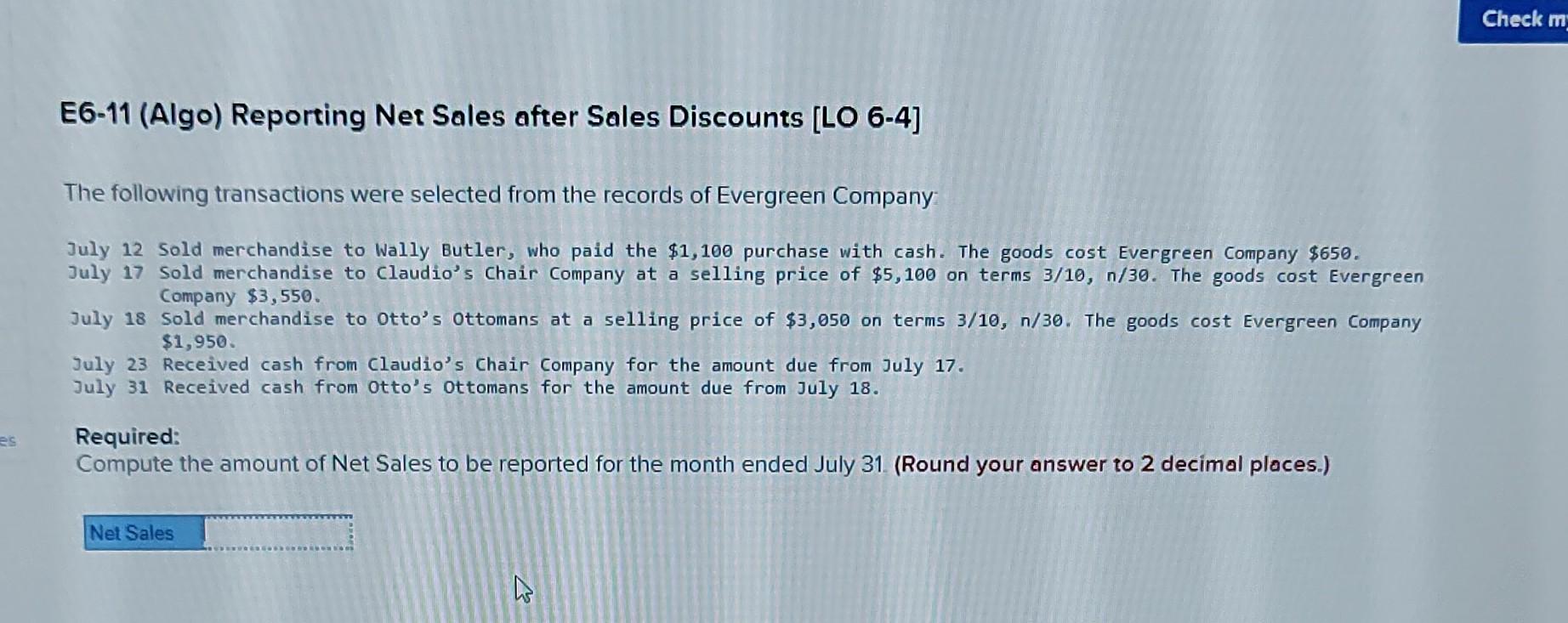 Solved E6-11 (Algo) Reporting Net Sales after Sales | Chegg.com