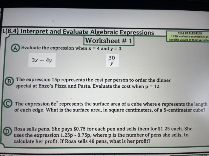 Solved L(8.4) Interpret and Evaluate Algebraic Expressions | Chegg.com