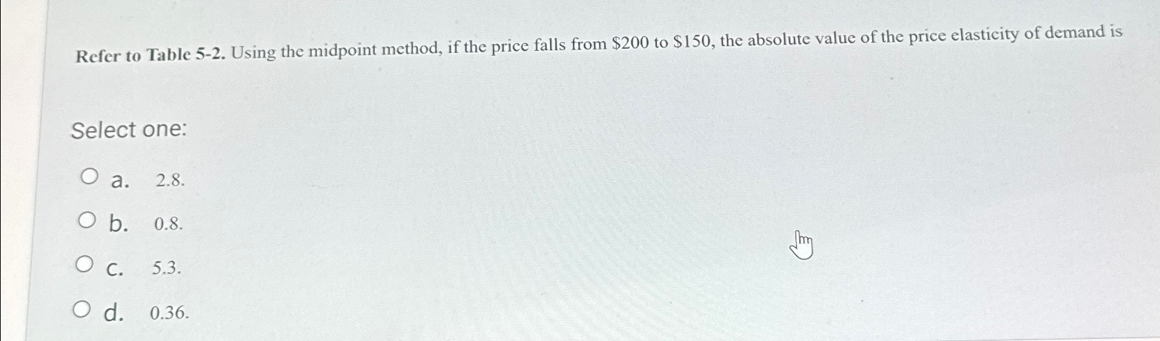 Solved Refer to Table 5-2. ﻿Using the midpoint method, if | Chegg.com