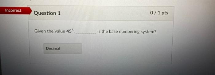 Solved Incorrect Question 1 0/1 pts Given the value 455 is | Chegg.com