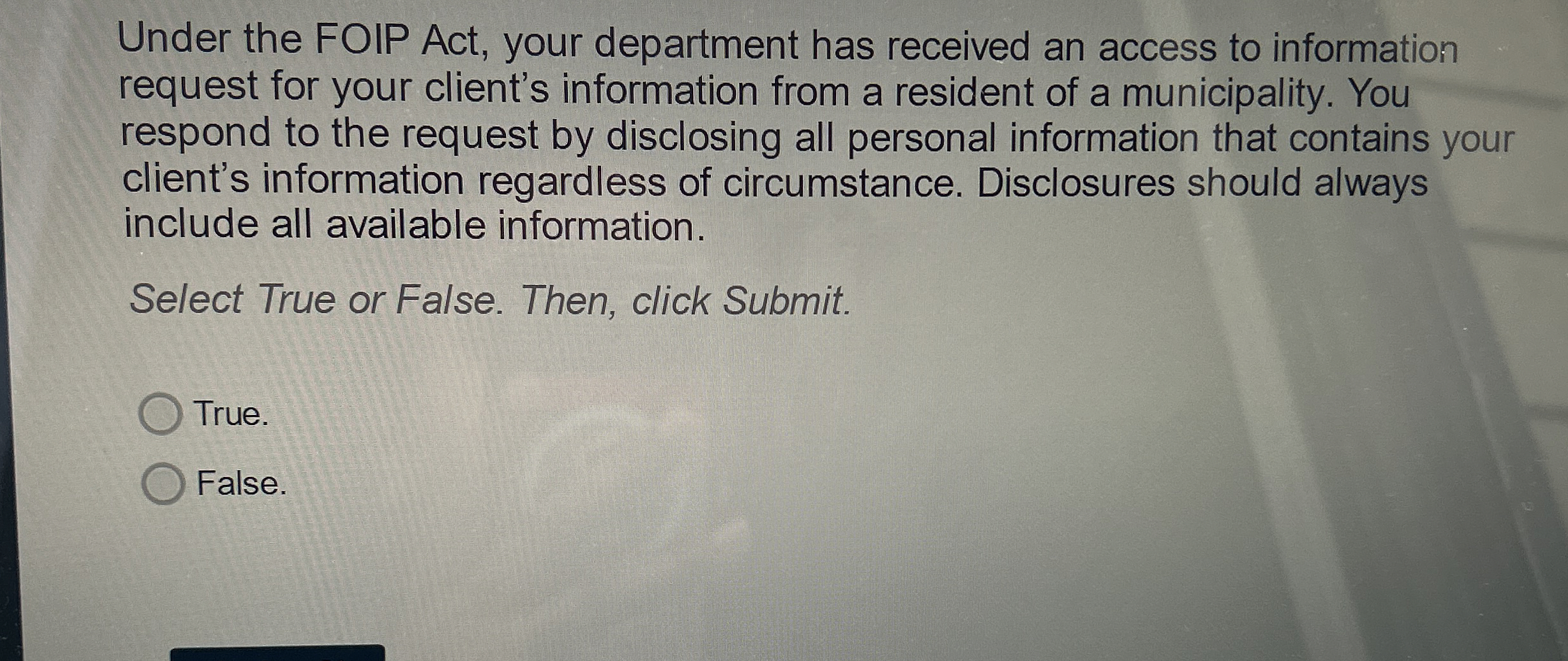 Solved Under the FOIP Act, your department has received an | Chegg.com