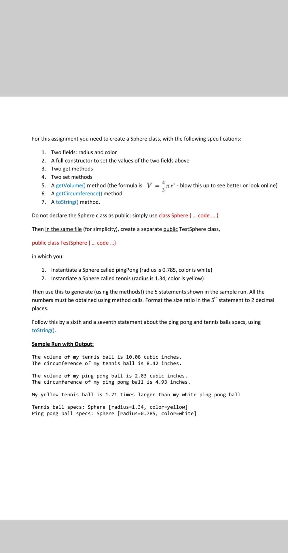 Solved For this assignment you need to create a Sphere | Chegg.com
