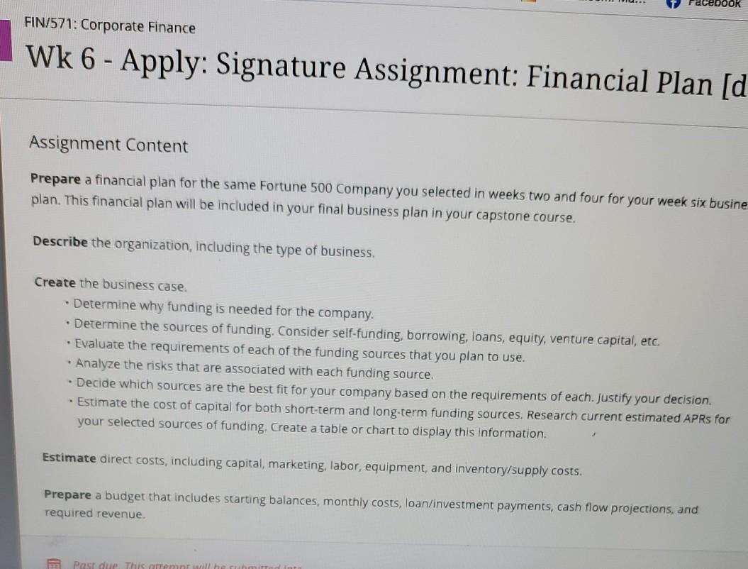 гacebook FIN/571: Corporate Finance Wk 6 - Apply: | Chegg.com