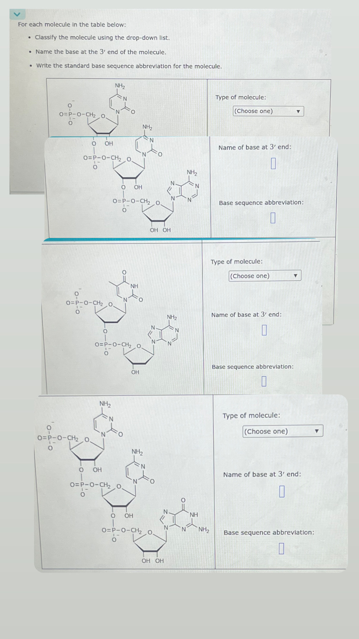 Solved For each molecule in the table below:Classify the | Chegg.com