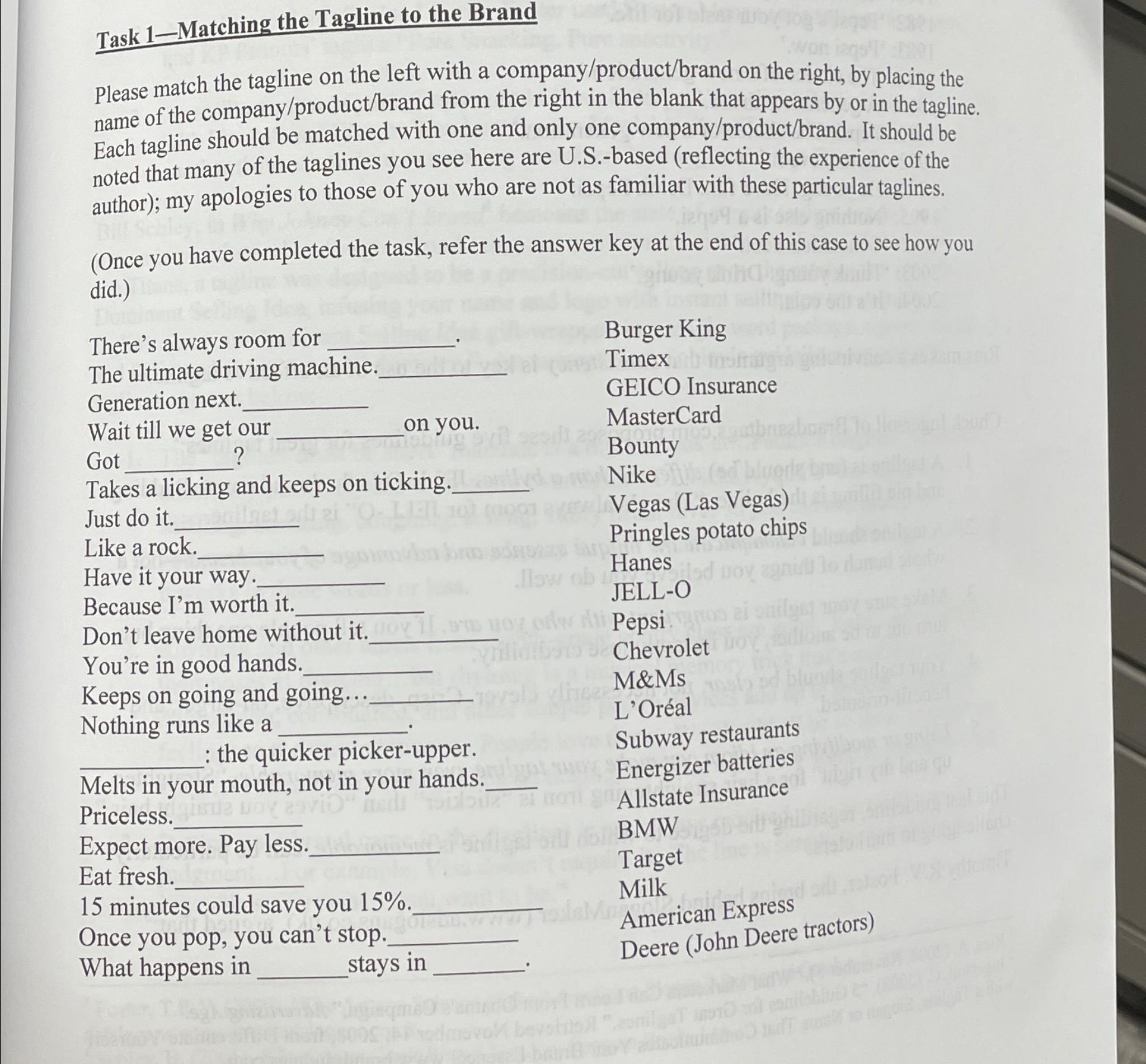 Task 1-Matching the Tagline to the BrandPlease match | Chegg.com