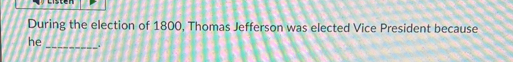 Solved During the election of 1800 , ﻿Thomas Jefferson was | Chegg.com