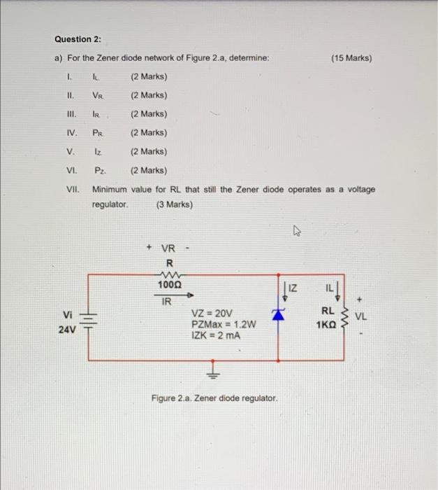 Solved (15 Marks) Question 2: a) For the Zener diode network | Chegg.com Solved (15 Marks) Question 2: a) For the Zener diode network | Chegg.com