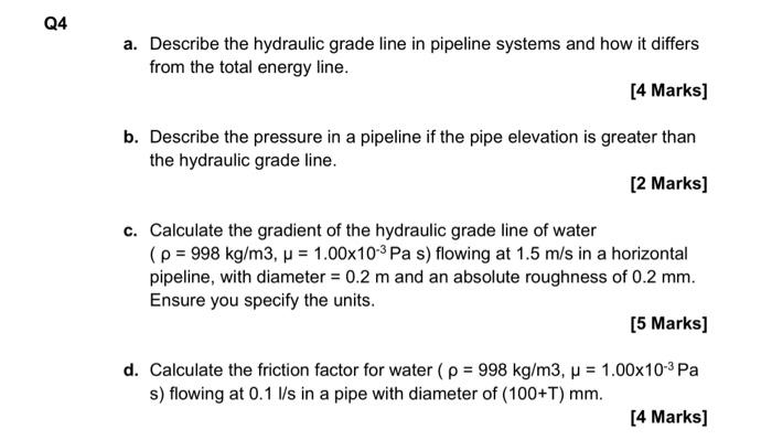Solved Q4 a. Describe the hydraulic grade line in pipeline | Chegg.com