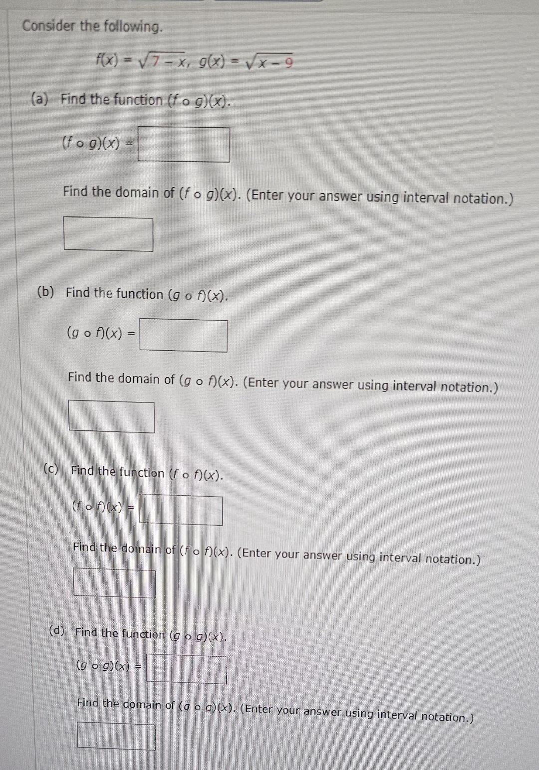 Solved Consider the following.f(x)=7-x2,g(x)=x-92(a) ﻿Find | Chegg.com