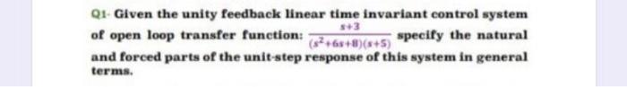 Solved Q1- Given the unity feedback linear time invariant | Chegg.com