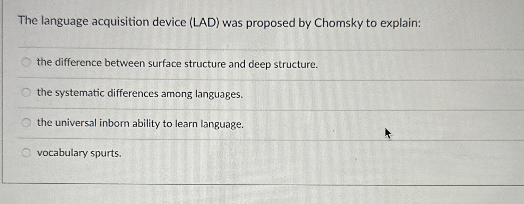 Solved The language acquisition device (LAD) ﻿was proposed | Chegg.com