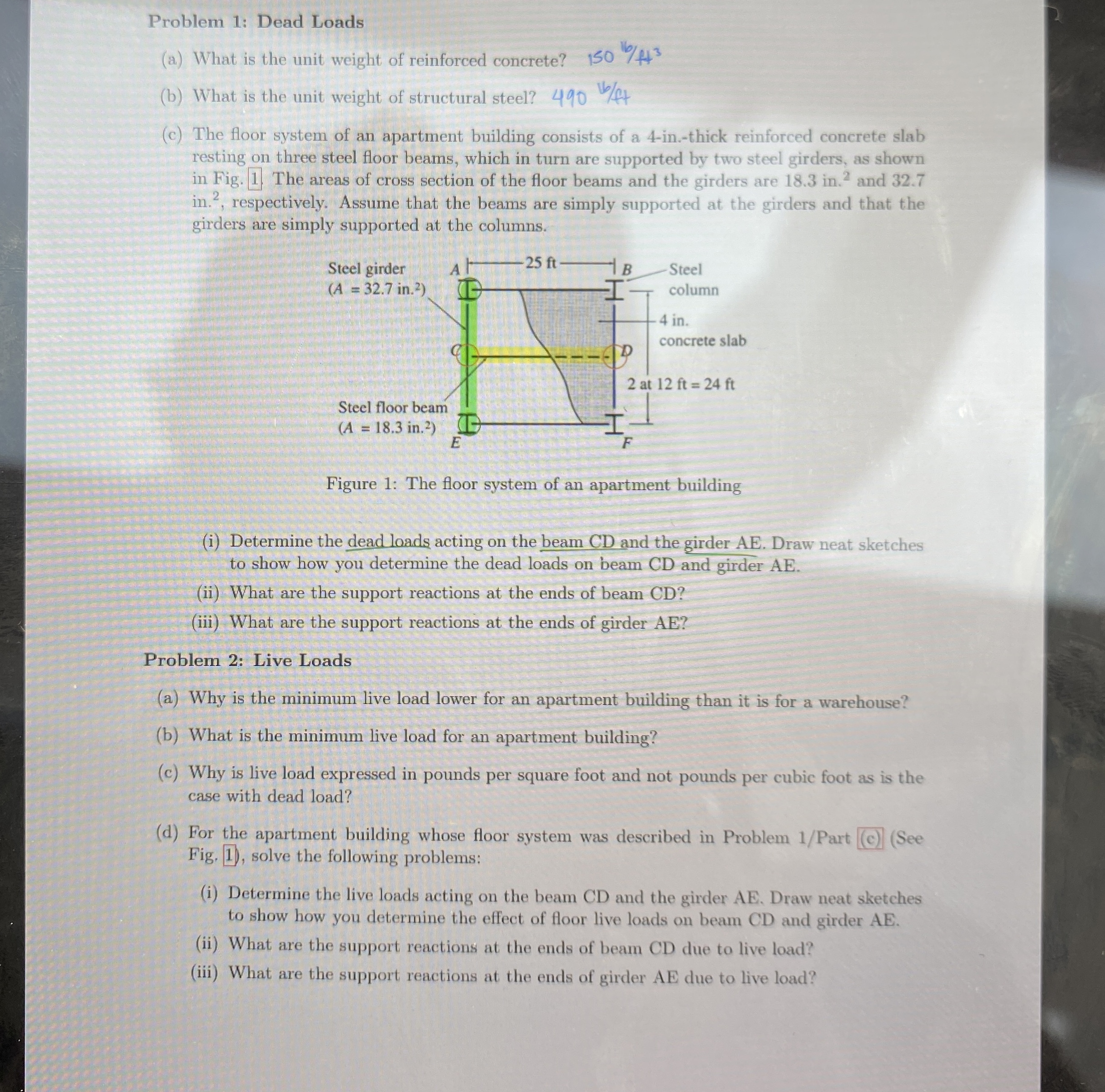 Solved Problem 1: Dead Loads(a) ﻿What is the unit weight of | Chegg.com