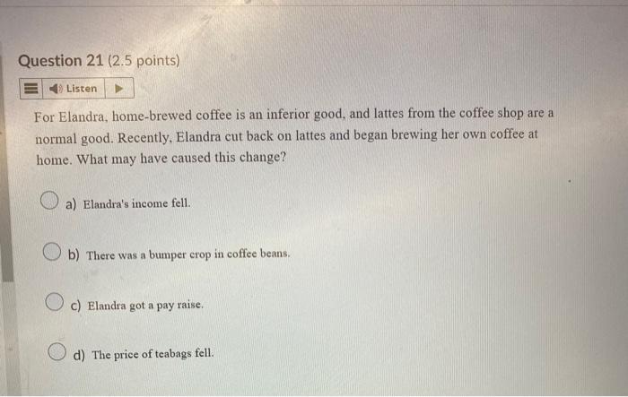 Solved For Elandra, home-brewed coffee is an inferior good, | Chegg.com