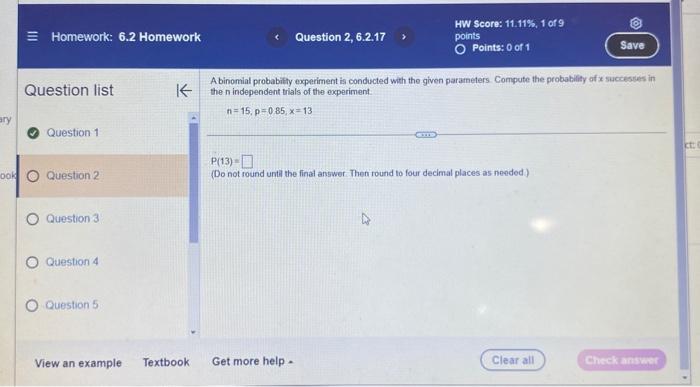 Solved ary Homework: 6.2 Homework Question list Question 1 | Chegg.com