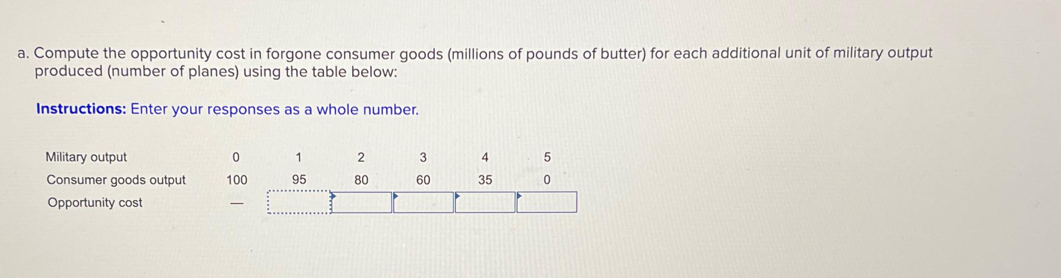 Solved a. ﻿Compute the opportunity cost in forgone consumer | Chegg.com