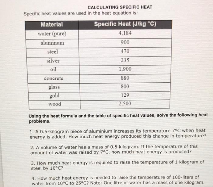 Solved CALCULATING SPECIFIC HEAT Specific heat values are | Chegg.com