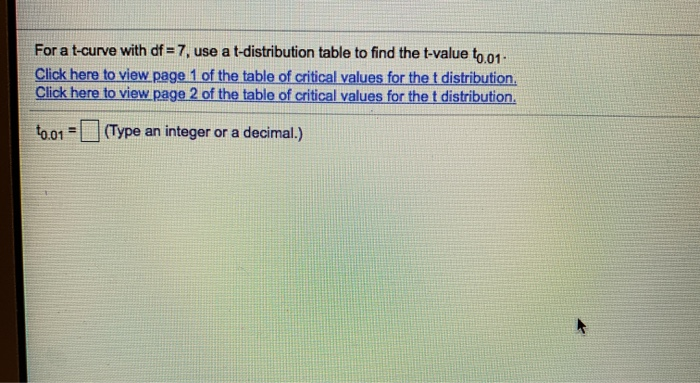 Solved For a t-curve with df = 7, use a t-distribution table | Chegg.com
