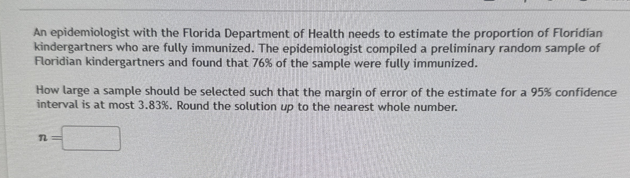 Solved An epidemiologist with the Florida Department of | Chegg.com