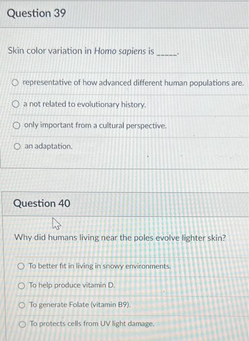 Solved Skin color variation in Homo sapiens is | Chegg.com