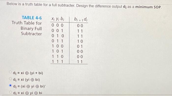 Solved Below is a truth table for a full subtracter Design | Chegg.com