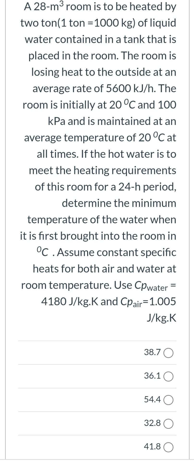 Solved A 28-m3 room is to be heated by two ton(1 ton = 1000 | Chegg.com