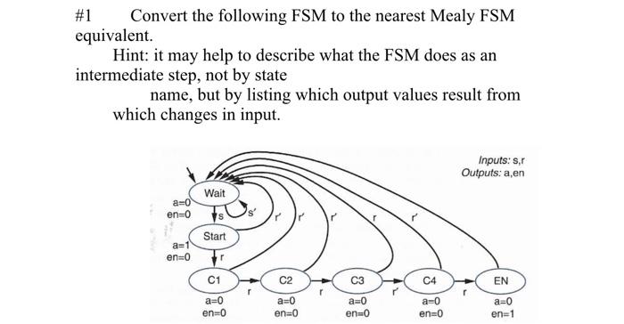 Solved \#1 Convert the following FSM to the nearest Mealy | Chegg.com Solved \#1 Convert the following FSM to the nearest Mealy | Chegg.com