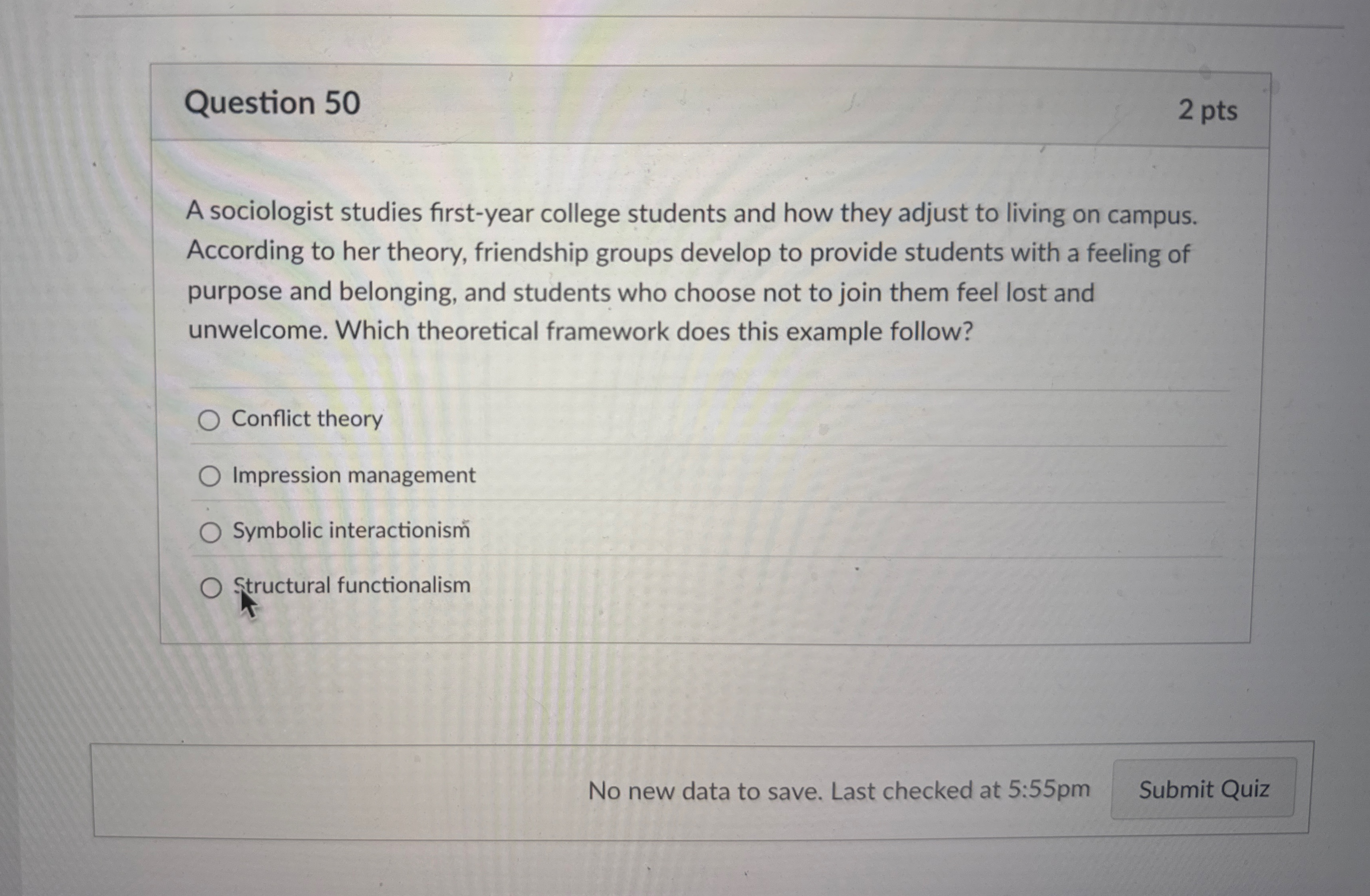 Solved Question 502 ﻿ptsA sociologist studies first-year | Chegg.com
