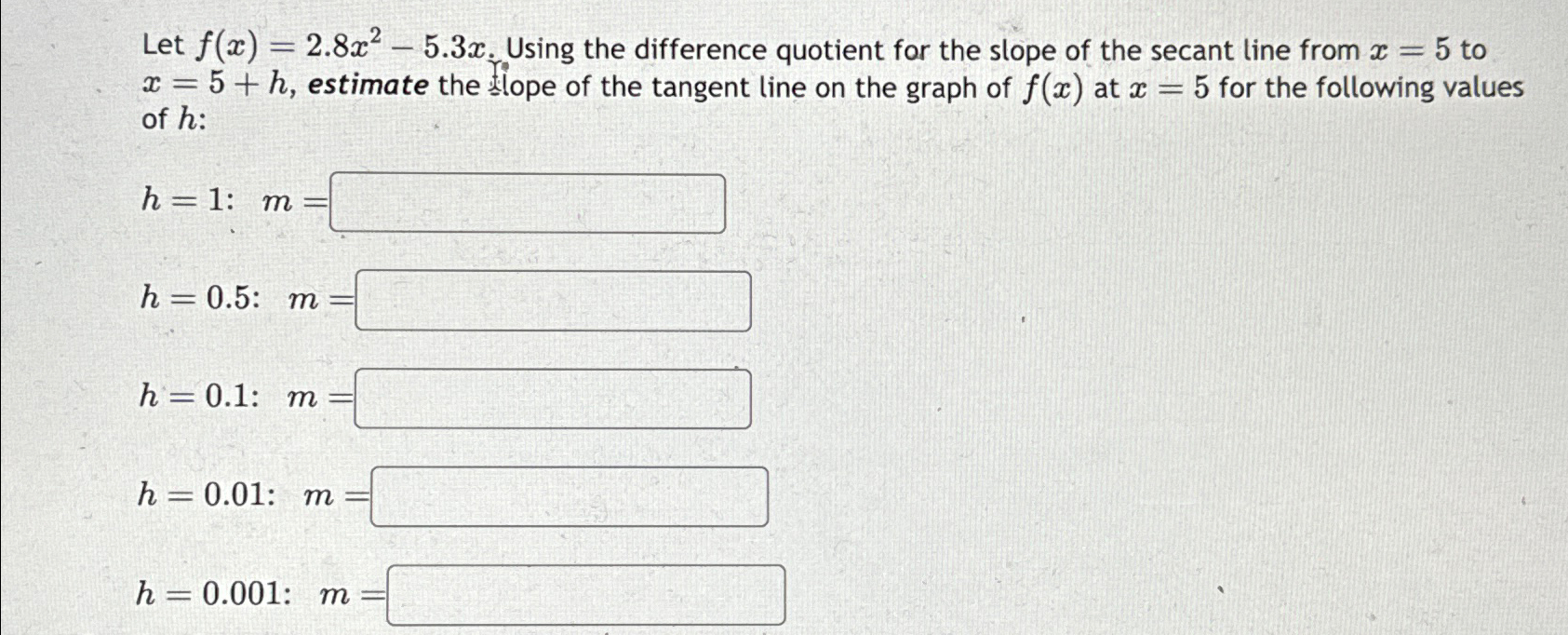 Solved Let f(x)=2.8x2-5.3x. ﻿Using the difference quotient | Chegg.com