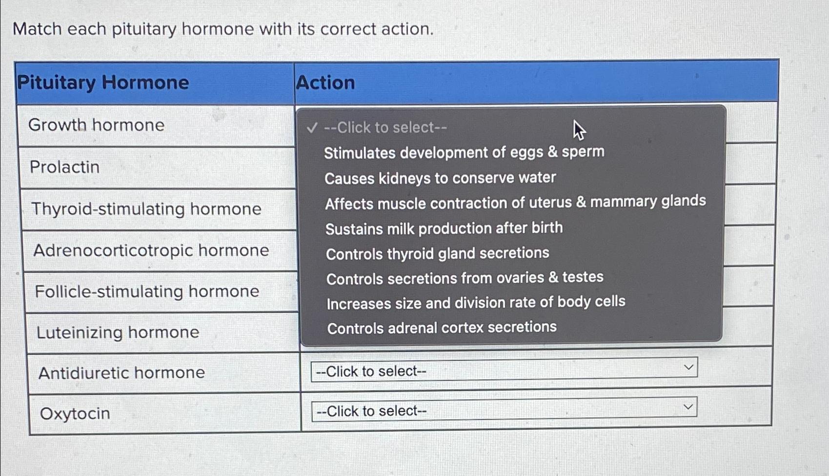 Solved Match each pituitary hormone with its correct | Chegg.com