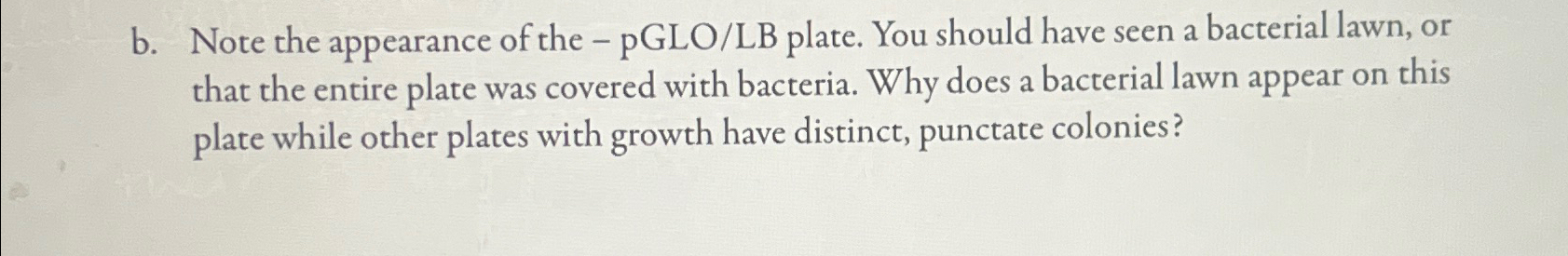 Solved b. ﻿Note the appearance of the - ﻿pGLO/LB plate. You | Chegg.com