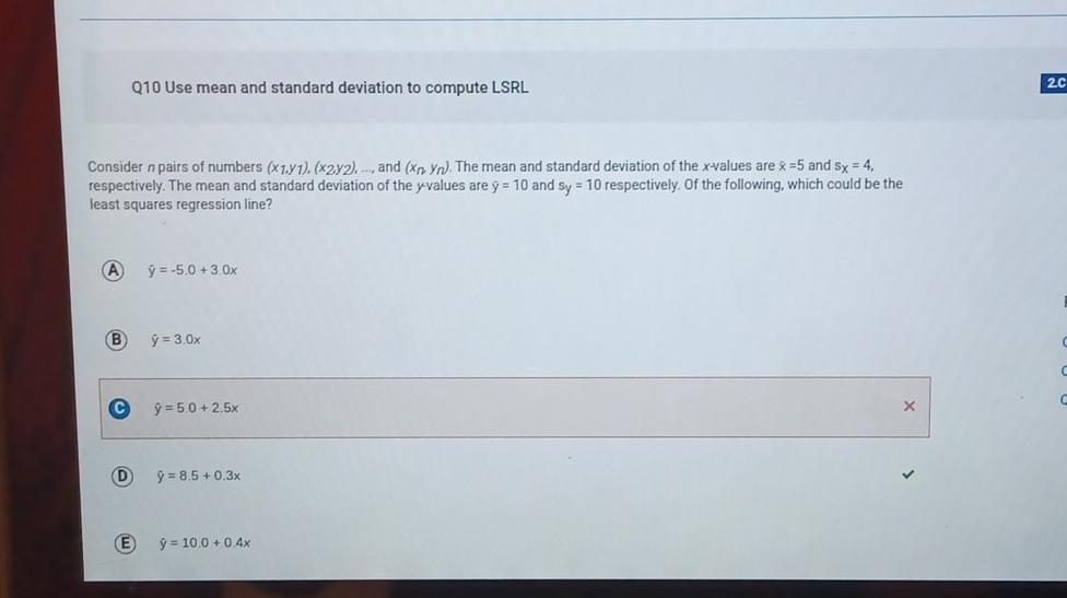 Solved Q10 Use mean and standard deviation to compute LSRL | Chegg.com