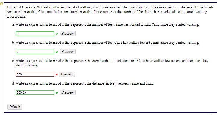 Solved Jaime and Ciara are 260 ﻿feet apart when they start | Chegg.com