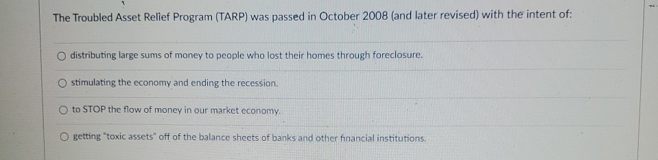 Solved The Troubled Asset Relief Program (TARP) ﻿was passed | Chegg.com
