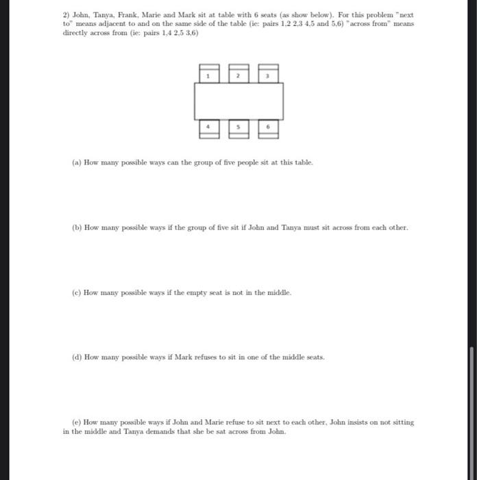 Solved 2) John, Tanya, Frank, Marie and Mark sit at table | Chegg.com