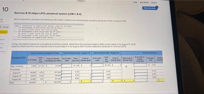 Solved o Exercise 8-15 (Algo) LIFO perpetual system | Chegg.com