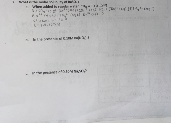Solved 7. What is the molar solubility of BaSO4 : a. When | Chegg.com