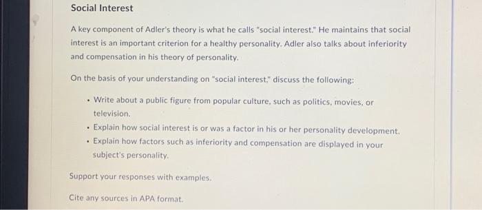 Solved Social Interest A key component of Adler's theory is | Chegg.com