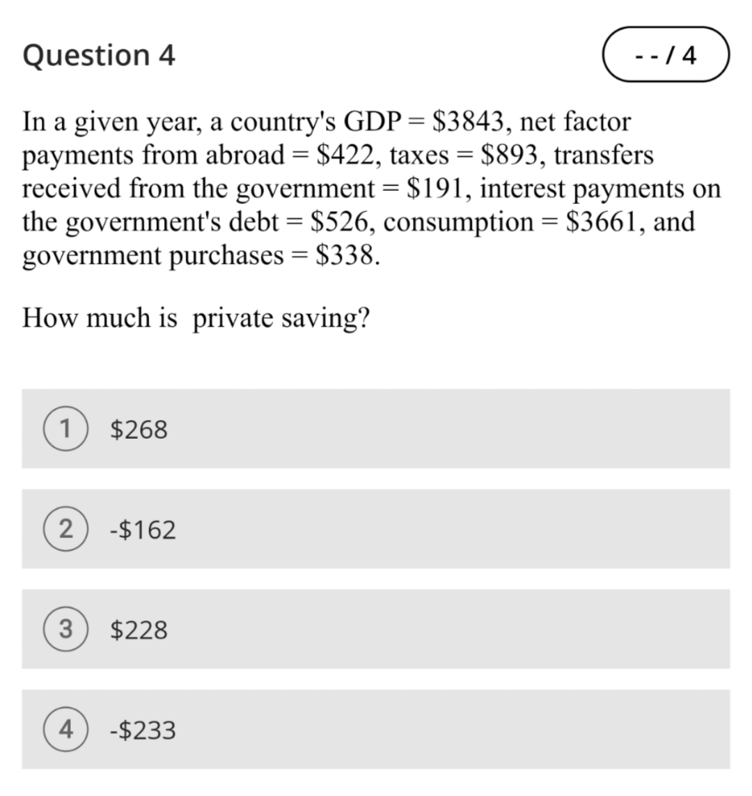 Solved Question 4 .-/4 In a given year, a country's GDP = | Chegg.com
