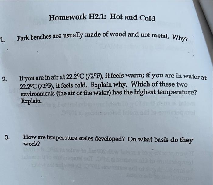 Solved Homework H2.1: Hot and Cold Park benches are usually | Chegg.com
