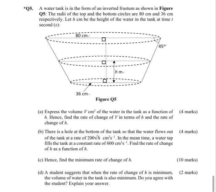 Solved *Q5. A water tank is in the form of an inverted | Chegg.com
