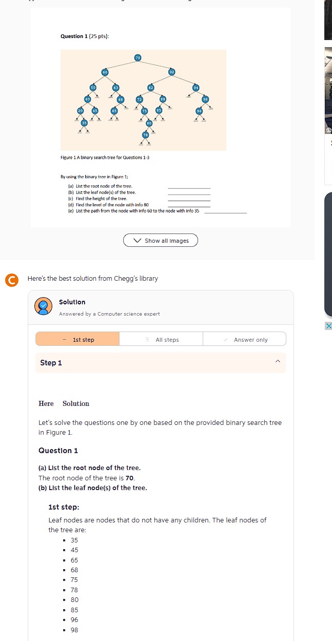 Solved Question 1 ( 25 ﻿pts ):Figure 1 ﻿A binary search tree | Chegg.com