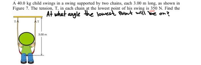 Solved A 40.0 kg child swings in a swing supported by two | Chegg.com