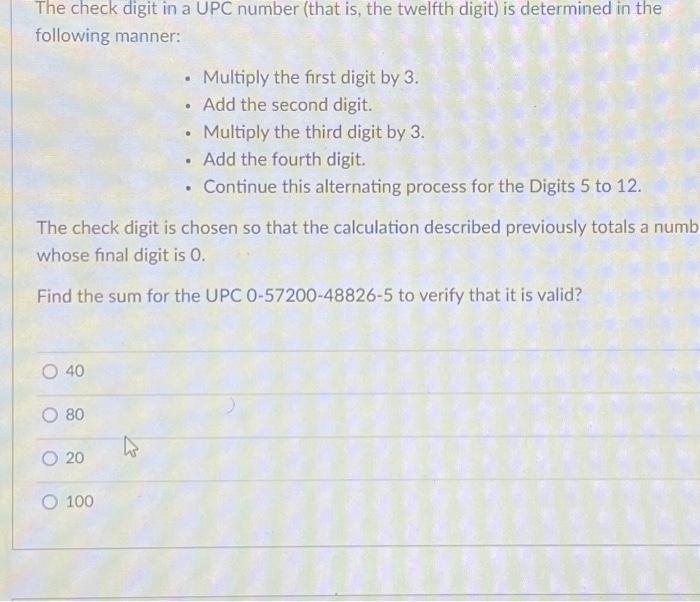 Solved The check digit in a UPC number (that is, the twelfth | Chegg.com