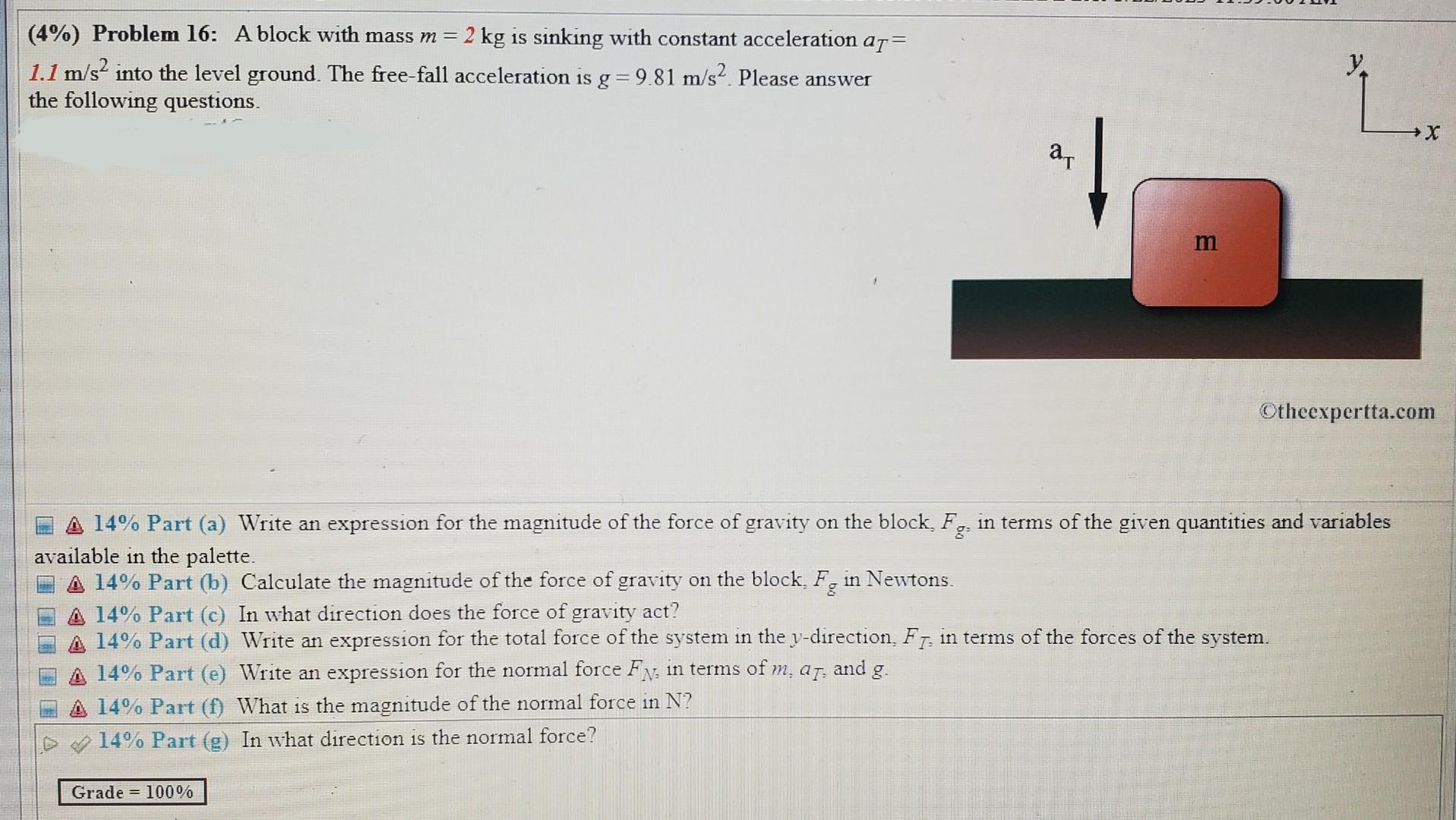 Solved (4\%) Problem 16: A block with mass m=2 kg is sinking | Chegg.com