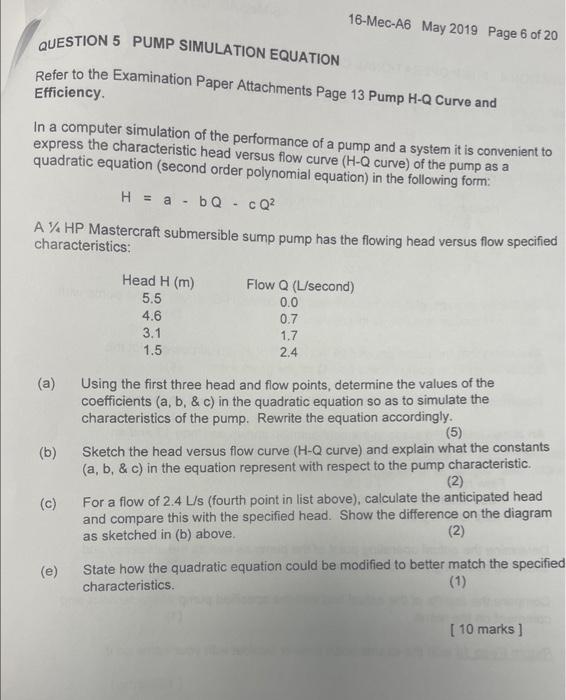 Solved 16-Mec-A6 May 2019 Page 6 of 20 QUESTION 5 PUMP | Chegg.com