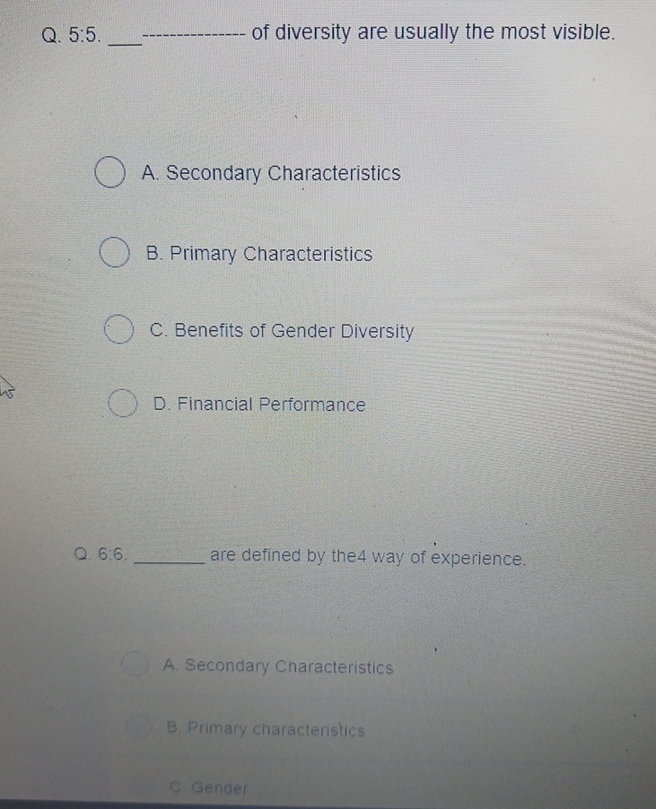 Solved Q. 5:5. ﻿of diversity are usually the most visible.A. | Chegg.com