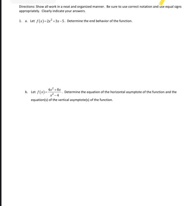 Solved Directions: Show all work in a neat and organized | Chegg.com