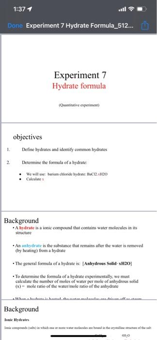 Solved 1:37 1 Done Experiment 7 Hydrate Formula_512... | Chegg.com