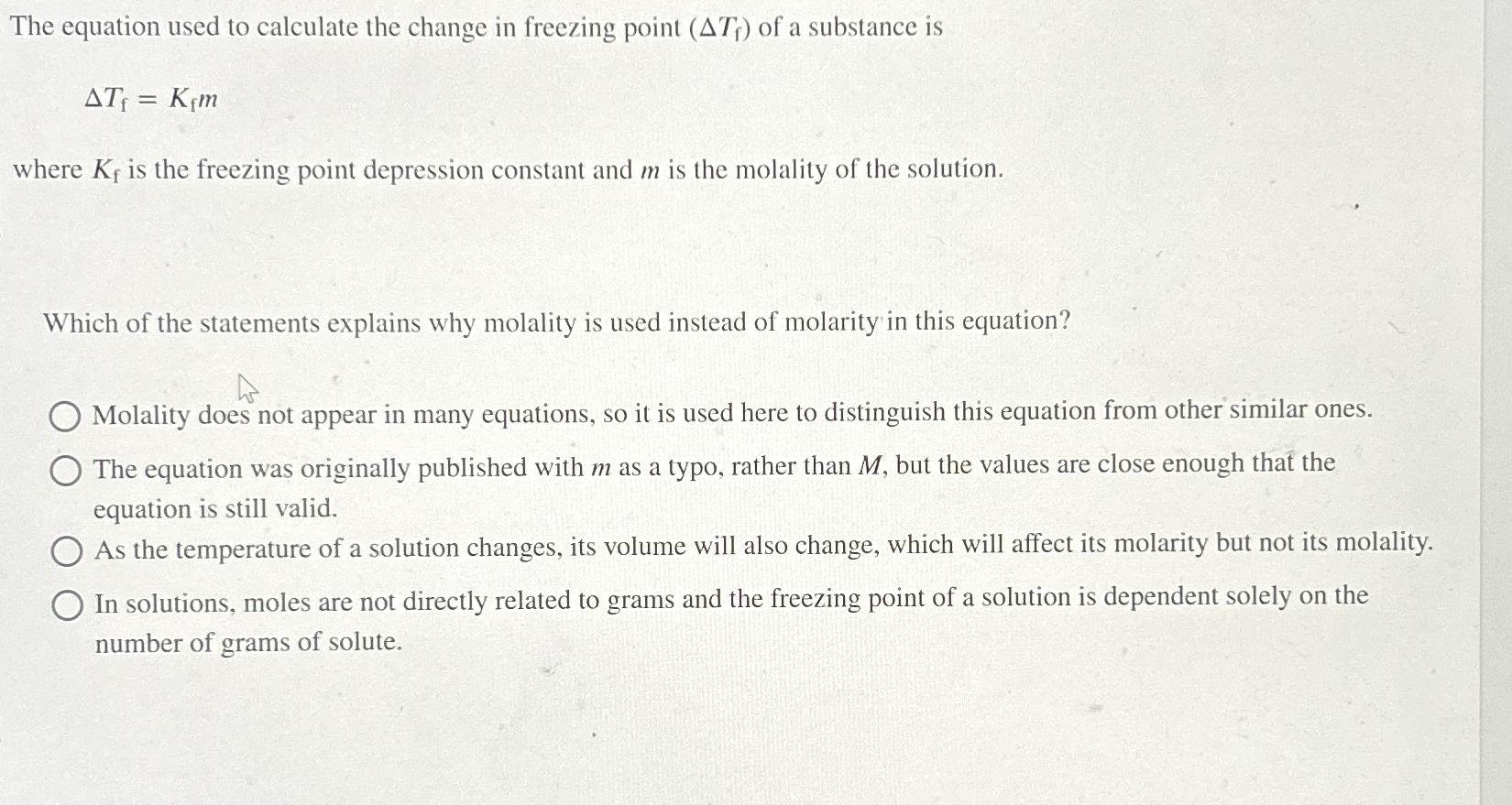 Solved The equation used to calculate the change in freezing | Chegg.com
