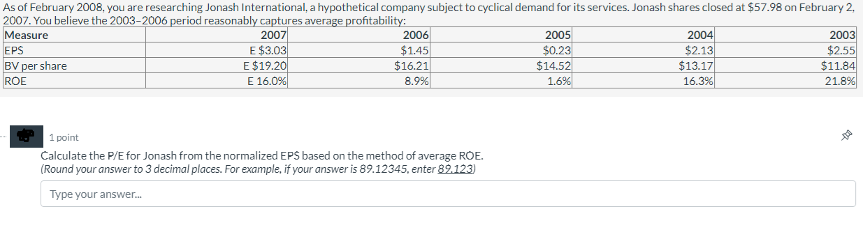 Solved 1 ﻿pointCalculate the P/E for Jonash from the | Chegg.com